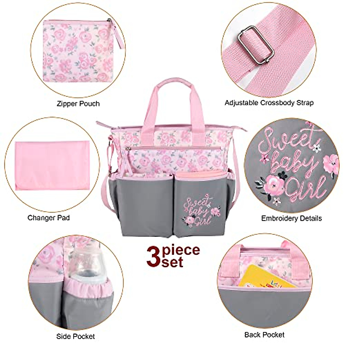 Crossbody Floral Pink Diaper Bag Tote with Changing Station for Baby Girl, 3 Piece Diaper Bag Set (Flowers)
