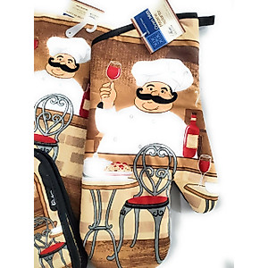 Collection Italian Chef Decor 5 Piece Printed Kitchen Linen Set Includes 2 Towels 2 Pot Holders 1 Oven Mitt