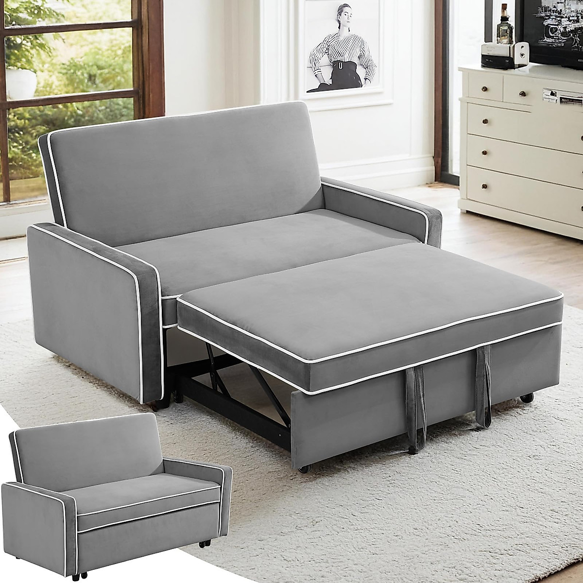 Rovibek 3 in 1 Convertible Sleeper Sofa Bed Pull Out Couch Futon Loveseat Velvet Chaise Lounge with 2 Pockets and 2 Pillows for Living Room, Ash Grey