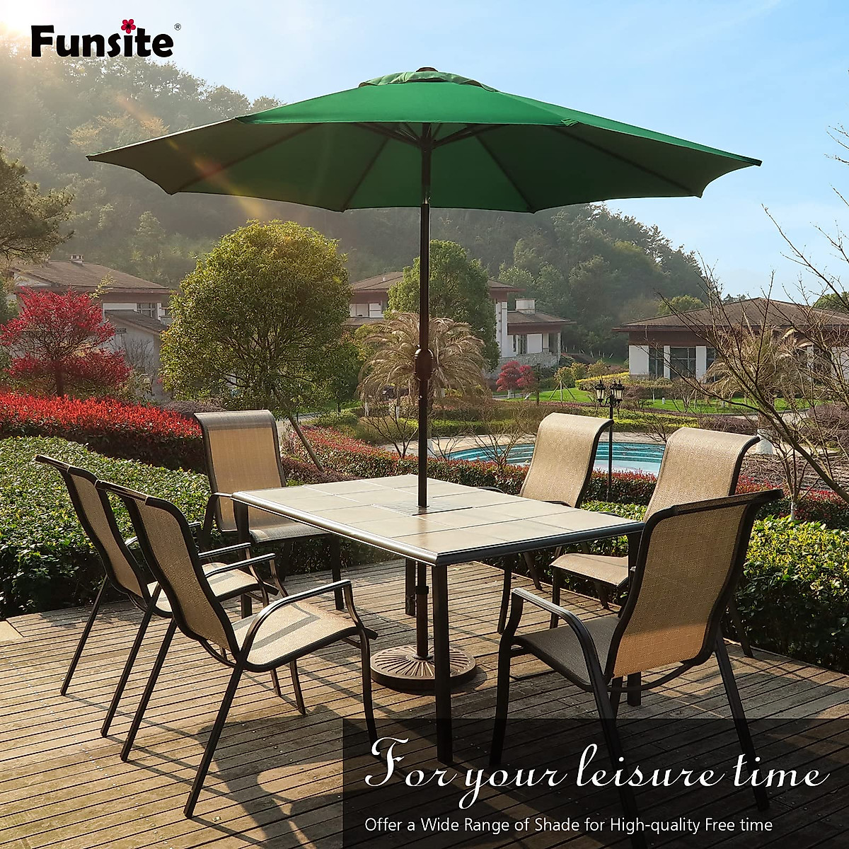 Funsite 9ft Patio Umbrella, UV Protect Pool Umbrella with Heavy Duty Pole, Ventilate Design Outdoor Umbrella with Push Botton Tilt & Crank Ideal for Garden, Lawn, Deck, Backyard&Pool, Grass Green