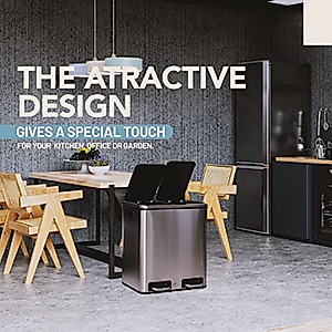 AWENN - Dual Kitchen Garbage Trash Can with Lid and Pedal - Touchless Round Shape Waste Bin - Stainless Steel Dustbin for Kitchen, Bathroom, Office and Outdoors – Black (7.9 Gallon – 30 Liters)