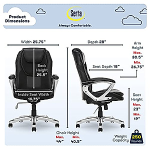 Serta Executive Office Padded Arms, Adjustable Ergonomic Gaming Desk Chair with Lumbar Support, Faux Leather and Mesh, Black