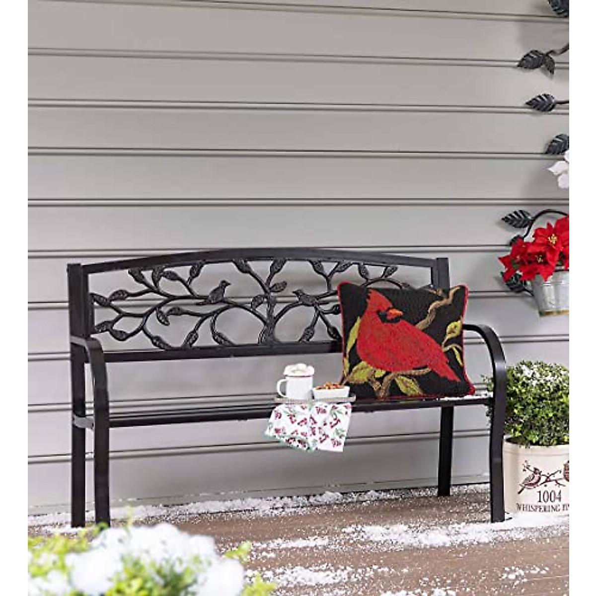 Plow & Hearth Weatherproof Tree of Life Outdoor Bench | Holds Up to 300 lbs | Garden Patio Porch Park Deck | Metal | Black