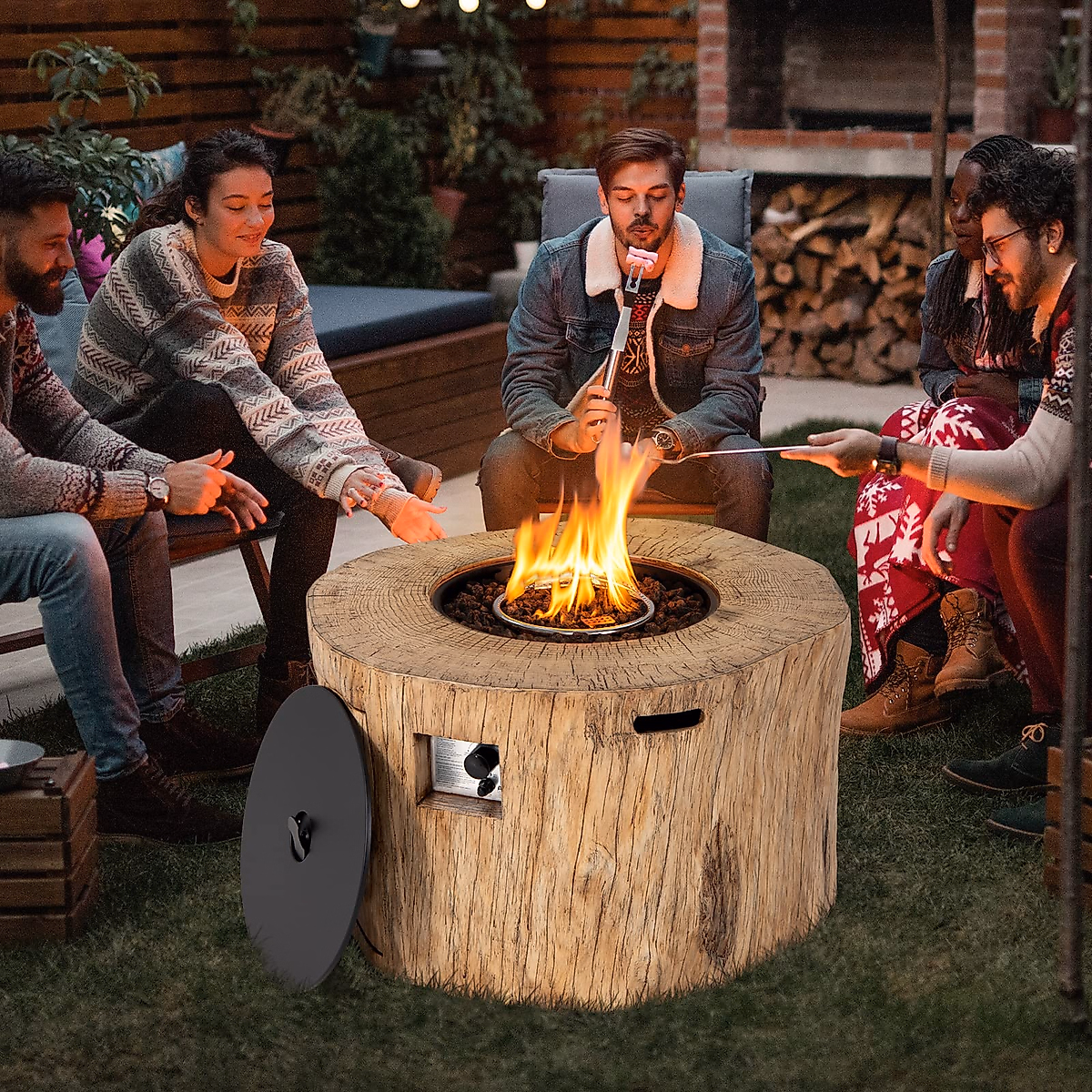 Tangkula 50,000 BTU Gas Fire Pit Table, Patiojoy 40” Round Propane Firepit with Removable Lid, Volcanic Rock & PVC Cover, Outdoor Fire Pit Table with Wood-Like Surface for Patio, Backyard