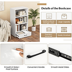 IFANNY 3 Shelf Bookcase with Drawer, Wood Bookshelves and Bookcases, Cube Bookcase Shelf, Small Bookshelf with Storage for Small Spaces, White Book Shelf for Bedroom, Living Room, Home Office