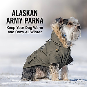 Canada Pooch Winter Dog Coat Water-Resistant Insulated Dog Jacket Faux-Fur Trim Dog Parka Coat for Dogs - Army Green, Size 14