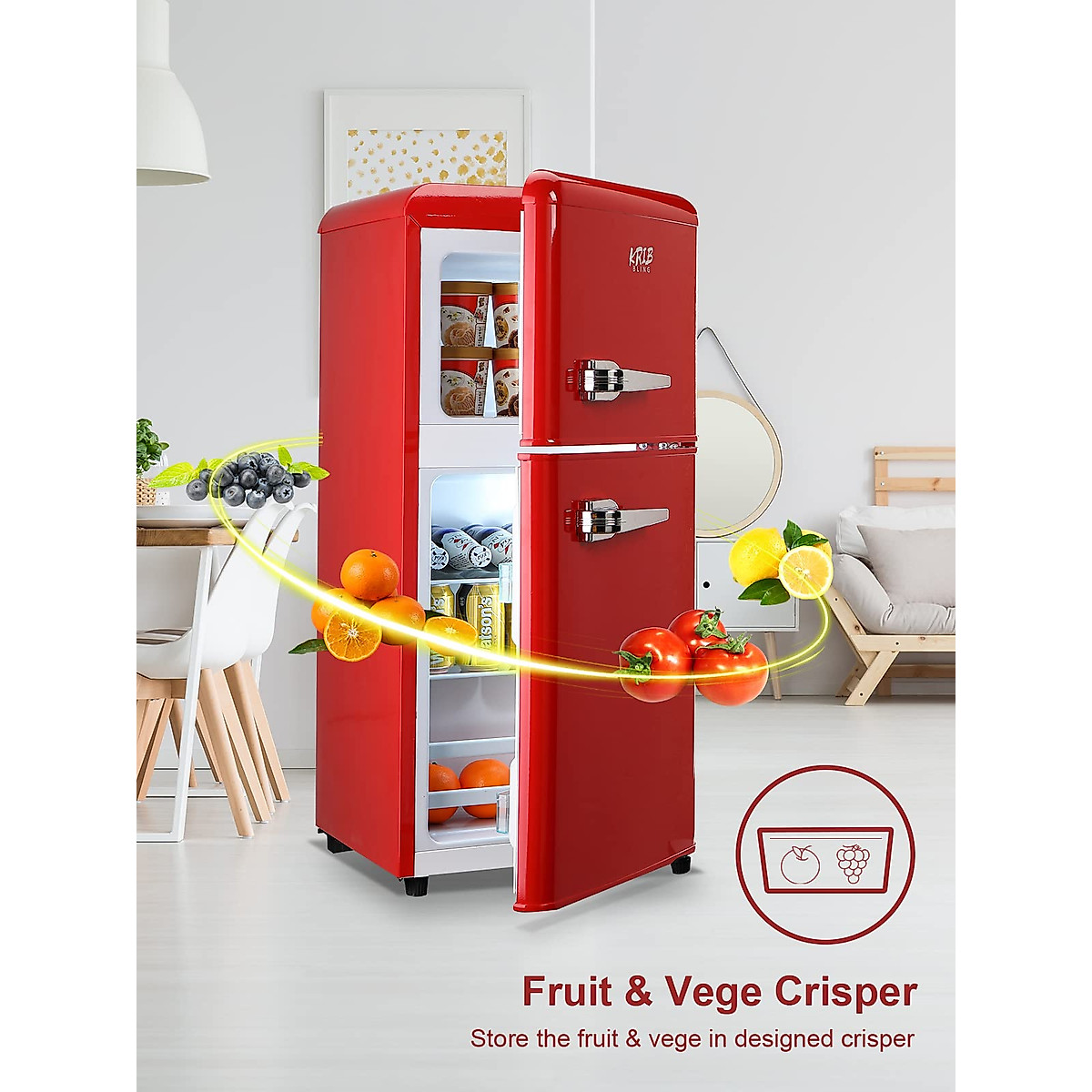 KRIB BLING 3.5 Cu.Ft Refrigerator with Freezer Double Door 7 Level Adjustable Thermostat for Dorm, Bar, Office,Kitchen, Apartment Red (KB02 FLS-80G-RED)