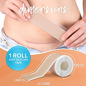 JJ CARE Soft Silicone Tape, 1.6” x 120” Flexible Silicone Scar Tape, Medical Grade Silicone Strips for Scars, Washable & Reusable Scar Tape for Surgical Scars, Latex-Free Scar Tape