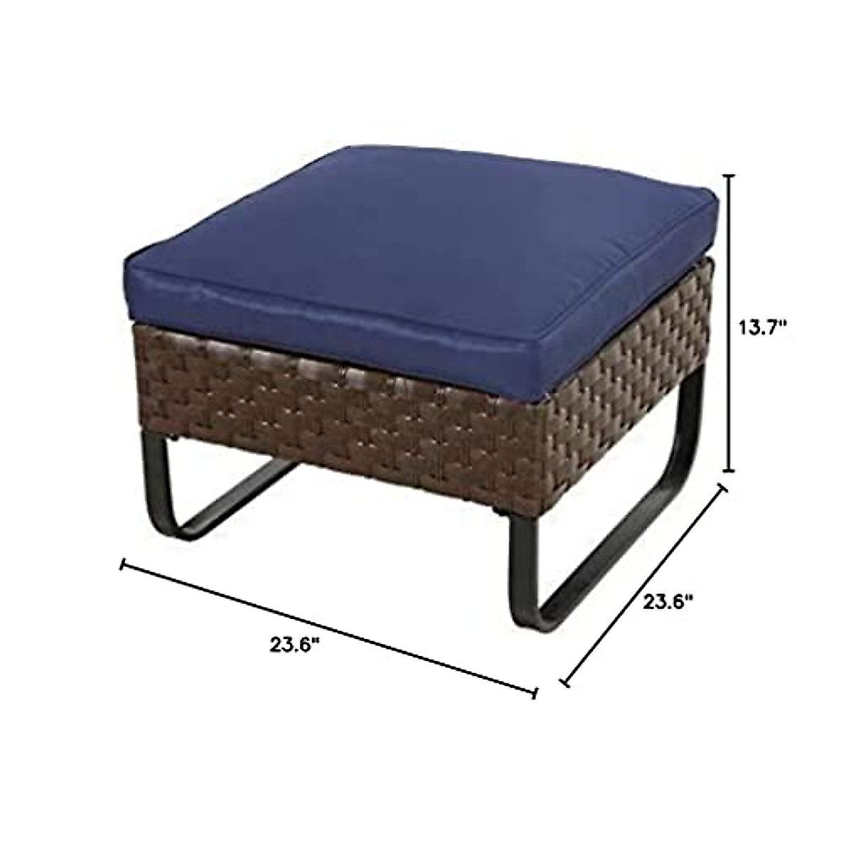 LOKATSE HOME Patio Ottoman Outdoor Footstool Small Seat Wicker Furniture with U Shaped Legs and Soft Thick Blue Cushion for Garden Yard Deck Poolside