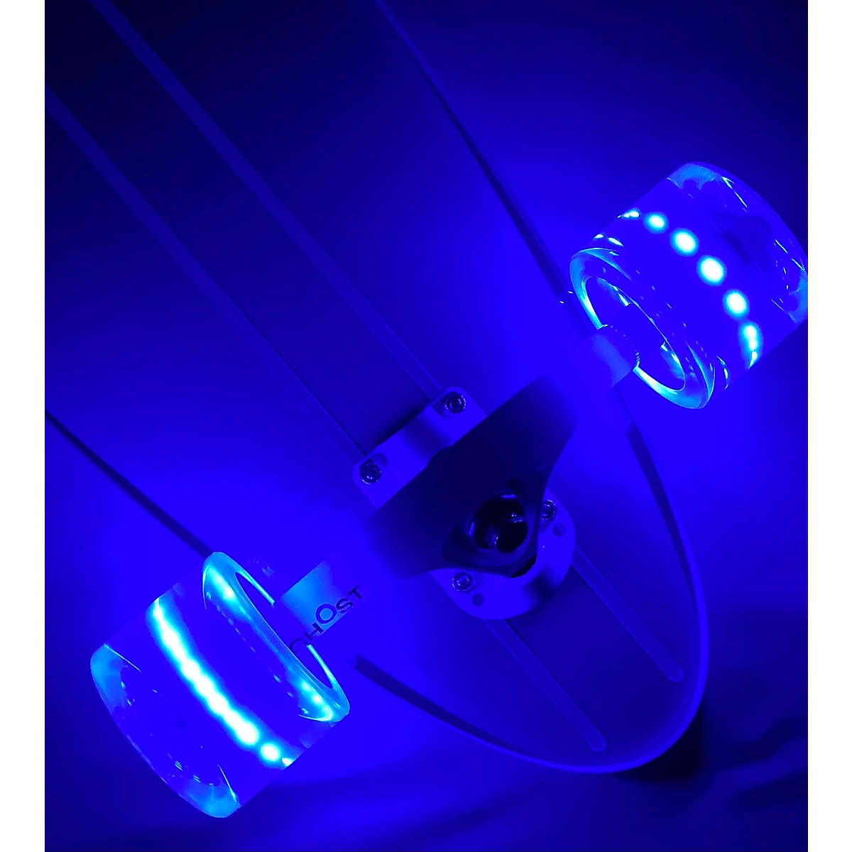 Clear Longboard with Light Up LED Wheels, 48" Pintail Riptide. Acrylic clear skatboard for all ages. weight limit 230 lbs. Made in USA