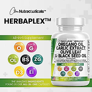 Oregano Oil 6000mg Garlic Extract 4000mg Olive Leaf 3000mg Black Seed Oil 3000mg - Immune Support & Digestive Health Supplement for Women and Men with Vitamin D3 and Zinc - Made in USA 60 Caps