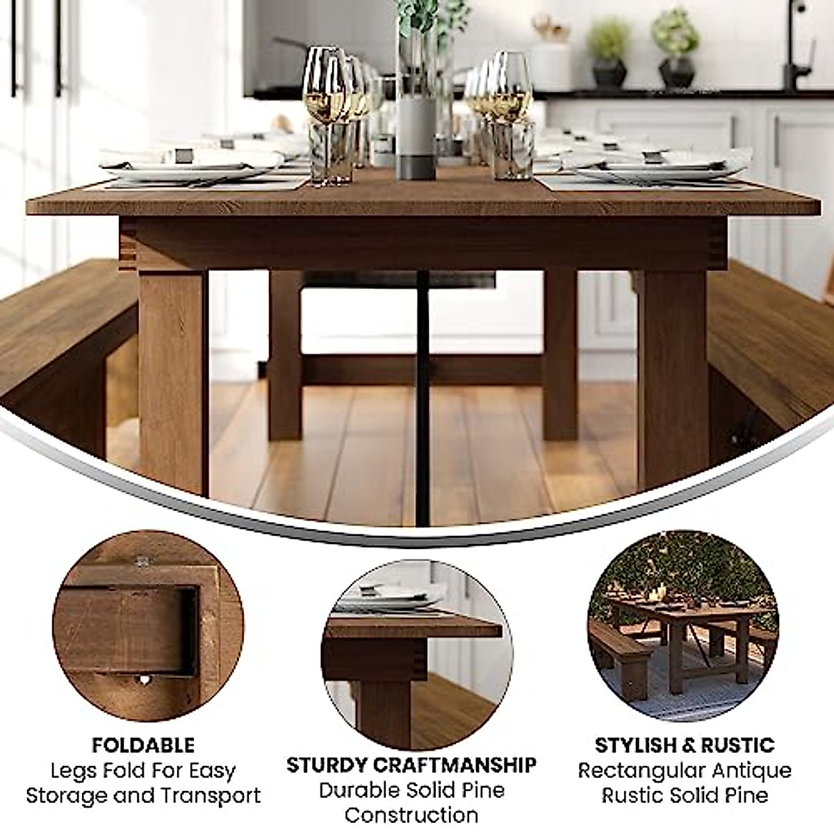 Flash Furniture Hercules Commercial Grade Farmhouse Dining Table | Solid Pine Foldable Table for 10 in Antique Rustic | Rustic Charm for Home and Events