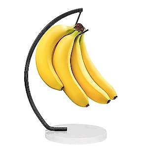 Livabber Banana Holder with Marble Base, Metal Banana Hanger Modern Tree Stand with Hook, Durable Banana Keeper Fresh Fruit Storage Organizer Freestanding for Kitchen Countertop (Black, Single Hook)