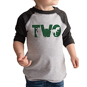 7 ate 9 Apparel Green Two 2 Second 2nd Second Birthday Dinosaur Grey Baseball Shirt T-Shirt 3T