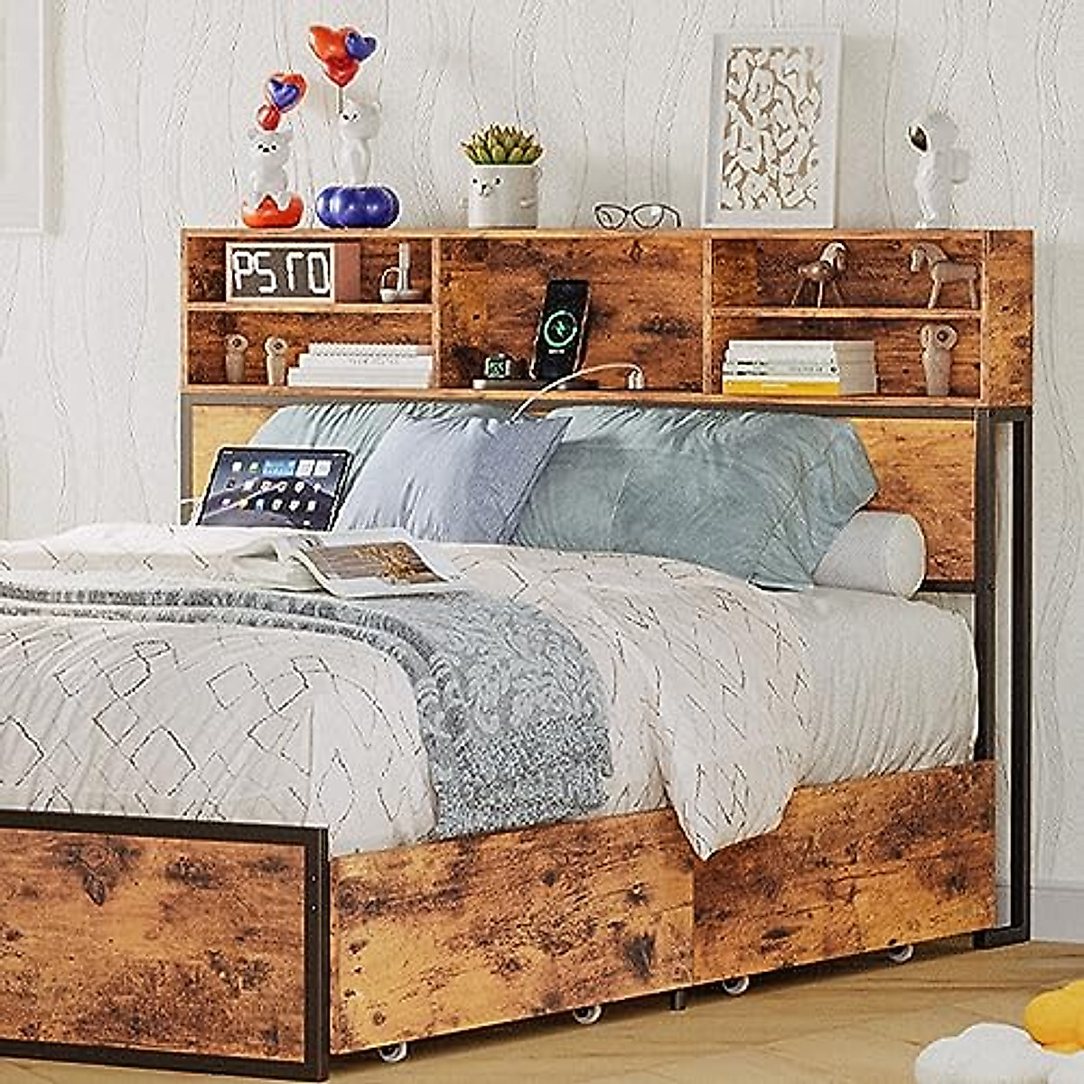LIKIMIO Queen Bed Frame with Drawers 4 Storage Drawers & Bookcase Headboard & Charging Station, Sturdy and No Noise Platform Bed, No Box Spring Needed, Easy Assembly, Vintage Brown