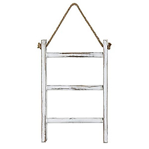 MyGift Rustic Whitewashed Solid Wood Wall Hanging Hand Towel Ladder Drying Rack, 3 Tier Bathroom Washcloth Hand Towel Storage Rack with Hanger Rope