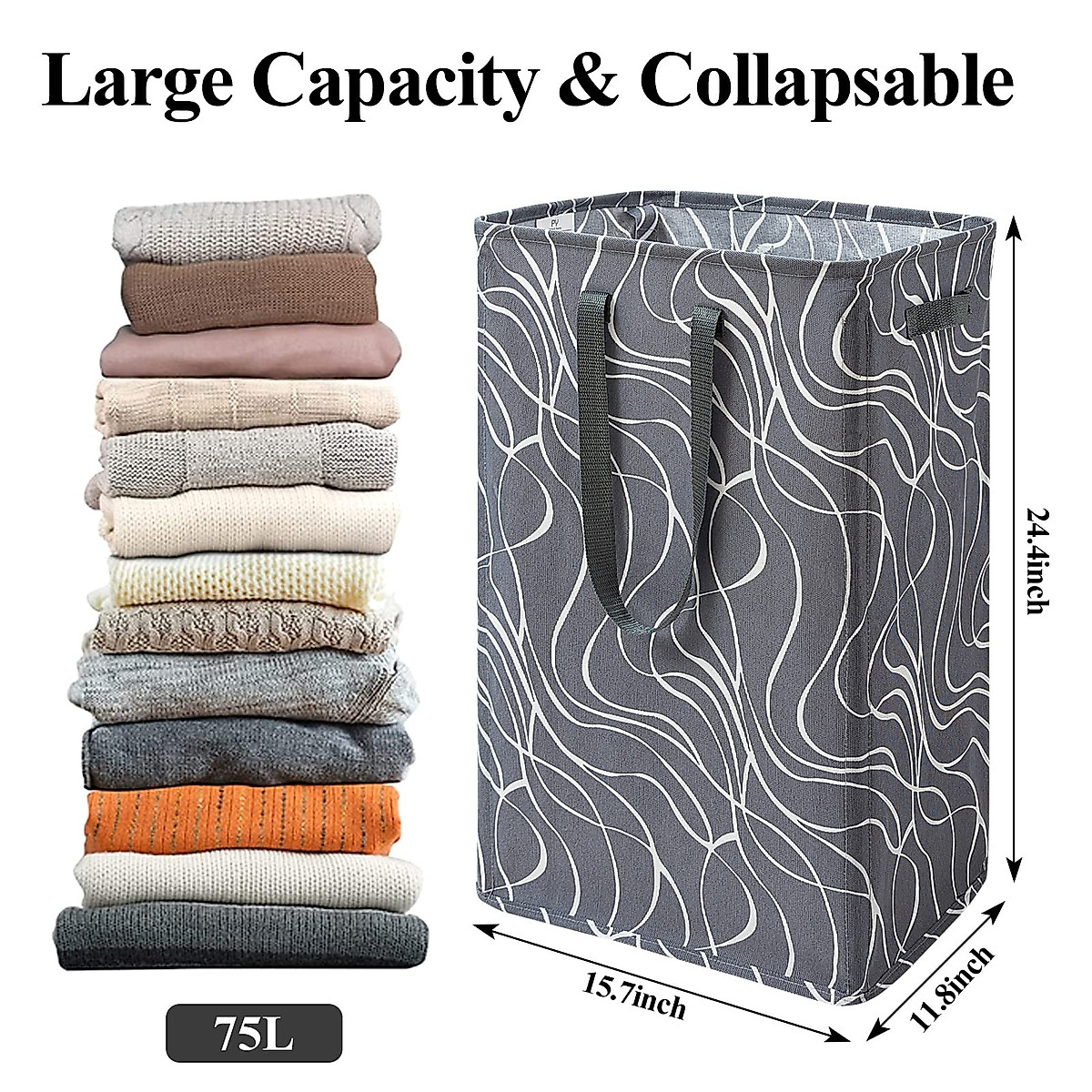 1-Pack Large Laundry Basket, 75L Collapsible Laundry Hamper with Long Handles, Waterproof Freestanding Clothes Hamper Laundry Bin for Bedroom, Bathroom, Dorm, Toys Organizer -Grey Waves