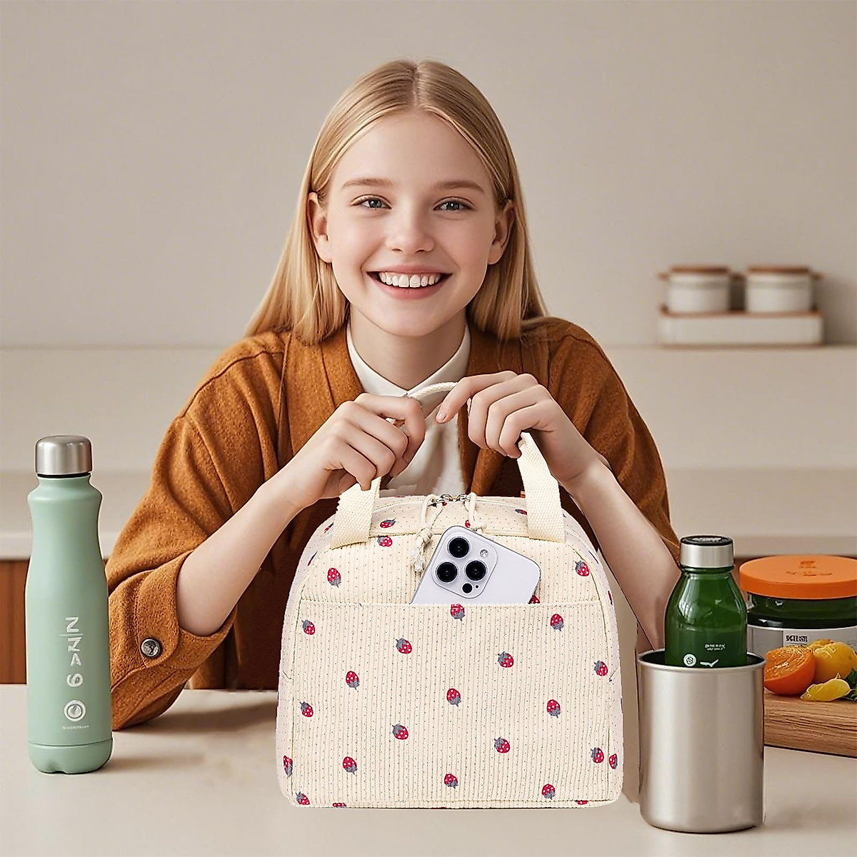 LEDAOU Lunch Box for Women Insulated Lunch Bag Corduroy Lunch Tote Bags Leakproof Cooler Lunch Case for Travel Work Picnic