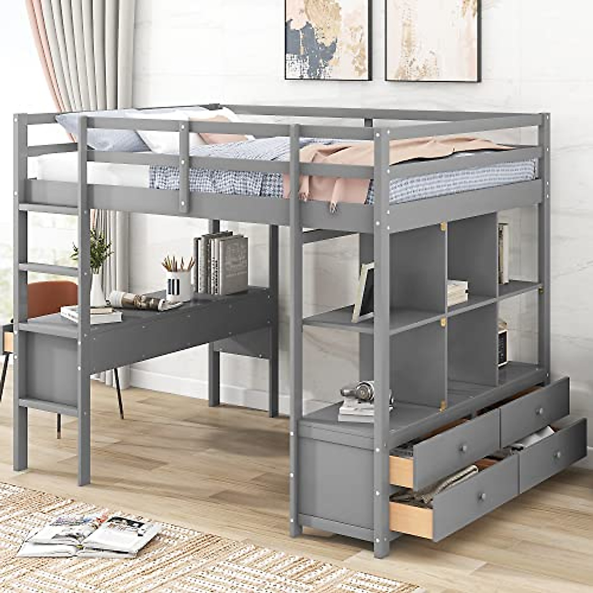 Harper & Bright Designs Full Size Loft Bed with Desk and 2 Drawers, Solid Wood Full Loft Bed with Storage Shelves and Drawers for Girls Boys Teens Adults,No Box Spring Needed,Grey