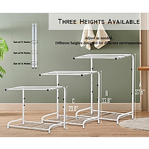 VSUINGO Freestanding Towel Rack, 32" L x 37.8" H for Oversized Bath Towels, Hand Towels Stand, Adjustable Height, 3-Tier Clothes Drying Holder with Storage Shelf for Bathroom, Aisle, Pool (White)