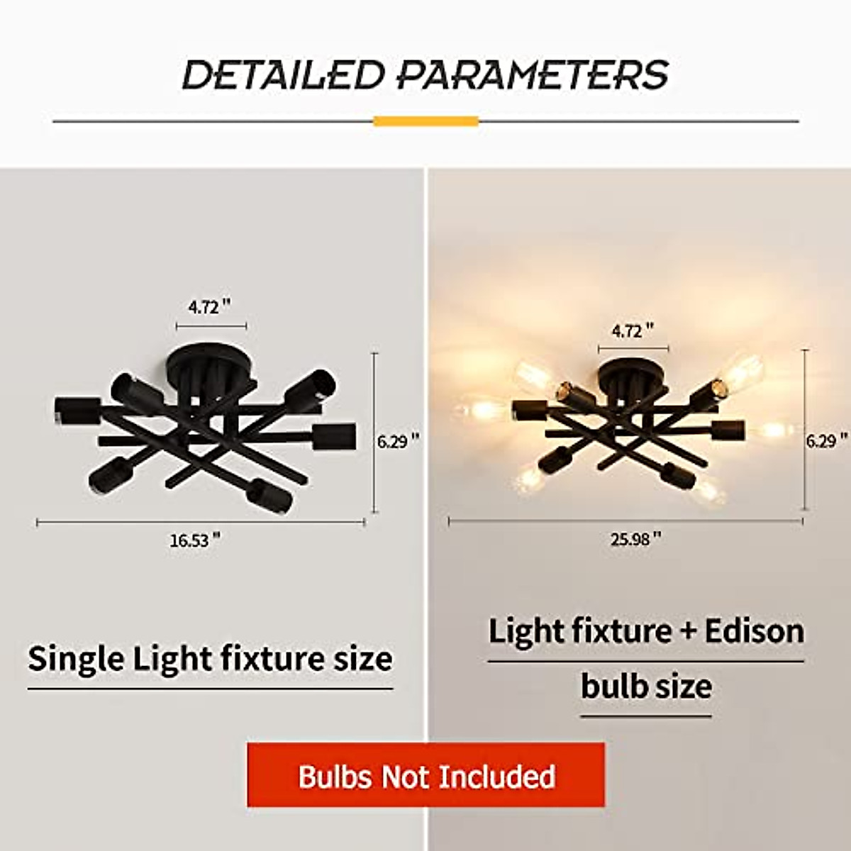 ASGYISA Semi Flush Mount Modern Ceiling Light Fixture， 6 Lights Black Vintage Matte Sputnik Chandelier Ceiling Lamp with E26 Bulb Base for Farmhouse Dining Room Living Room Bedroom Study Kitchen