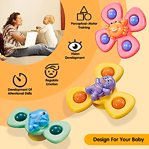 Chylldem Spinning Top Toys with New Upgrade Suction Cup for 6+ Month Boys and Girls, Baby Rattle Toy Set and Gifts for Babies, Crab, Turtle, Dolphin - 3 Count (Pack of 1)