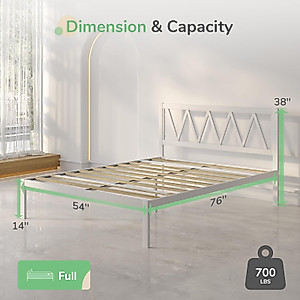 Novilla Full Size Bed Frame with Headboard, Metal Platform Bed Frame, Heavy Duty, No Box Spring Needed, Wood Slat Support, Easy Assembly, White