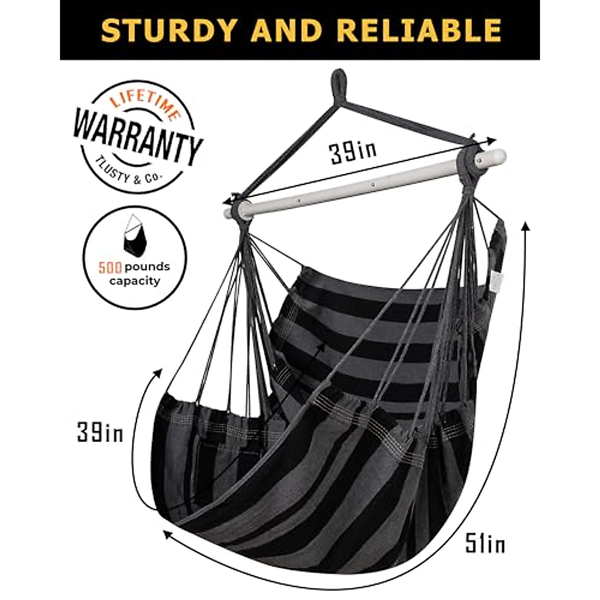 ADVOKAIR Hammock Chair Swing (500 lbs Max) - Hanging Hammock Chair Rope Swing Indoor for Bedroom, Outdoor, Patio, Bedroom, Porch, Deck - Sturdy Steel Bar with Anti-Slip Safety Rings