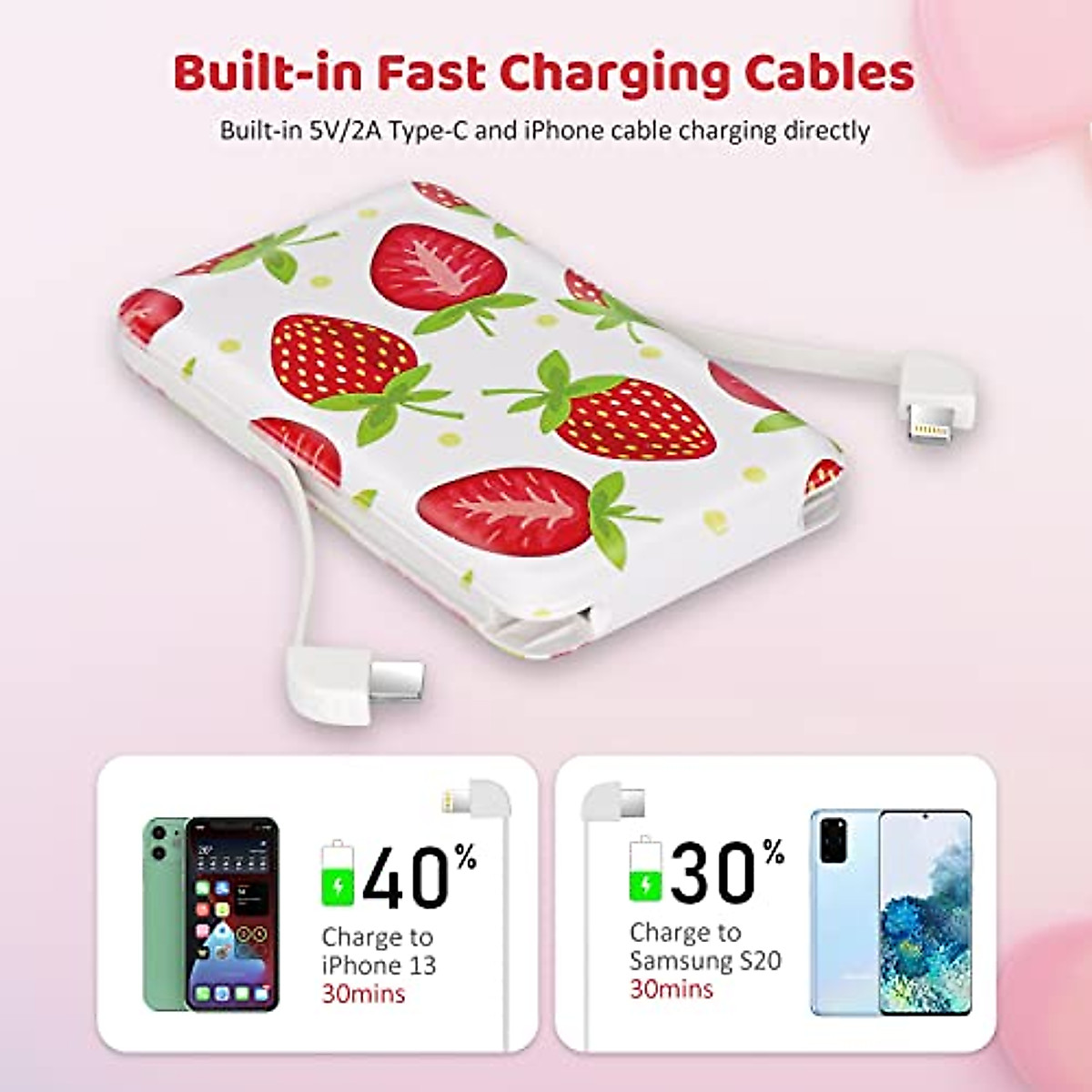 Portable Charger 5000mAh Cute Ultra Slim USB C Power Bank for Girls Mini Fast Charging Small Battery Pack with Built in Cables Compatible with iPhone iPad Samsung Pixel Android Phones,Strawberry