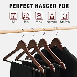 TECHMILLY 20 Pack Solid Wooden Suit Hangers, Heavy Duty Coat Hangers for Closet, Smooth Finish Clothes Hangers with 360° Swivel Hook & Non Slip Pant Bar & Cut Notches for Shirt, Walnut