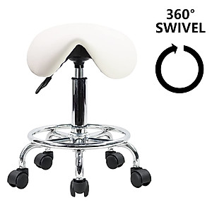 KKTONER Saddle Stool with Foot Rest PU Leather Swivel Adjustable Rolling Stool with Wheels Facial Salon Chair (White)