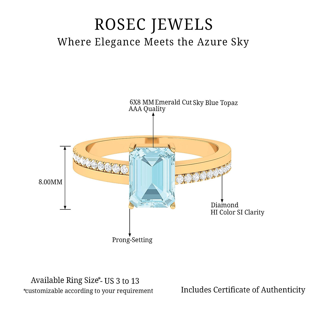 Rosec Jewels Natural Sky Blue Topaz Solitaire Engagement Ring with Diamond | 2.25 CT | AAA Quality, 14K Yellow Gold, Size:US 11.00
