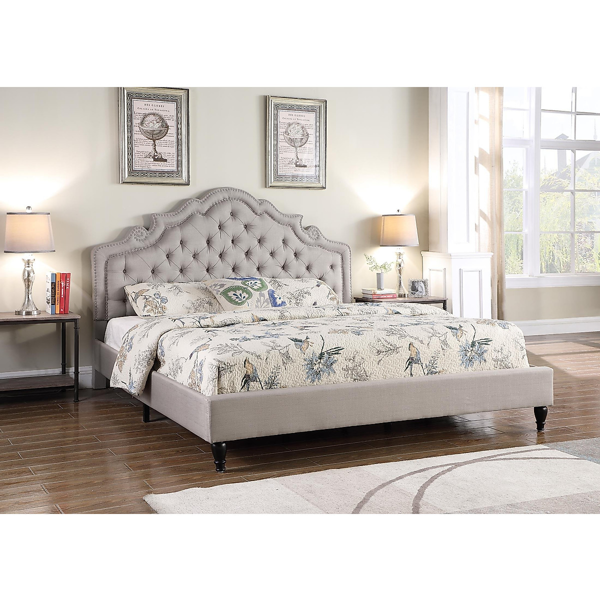 HomeLife Premiere Classics 51" Tall Platform Bed with Cloth Headboard and Slats - Queen (Light Grey Silver)