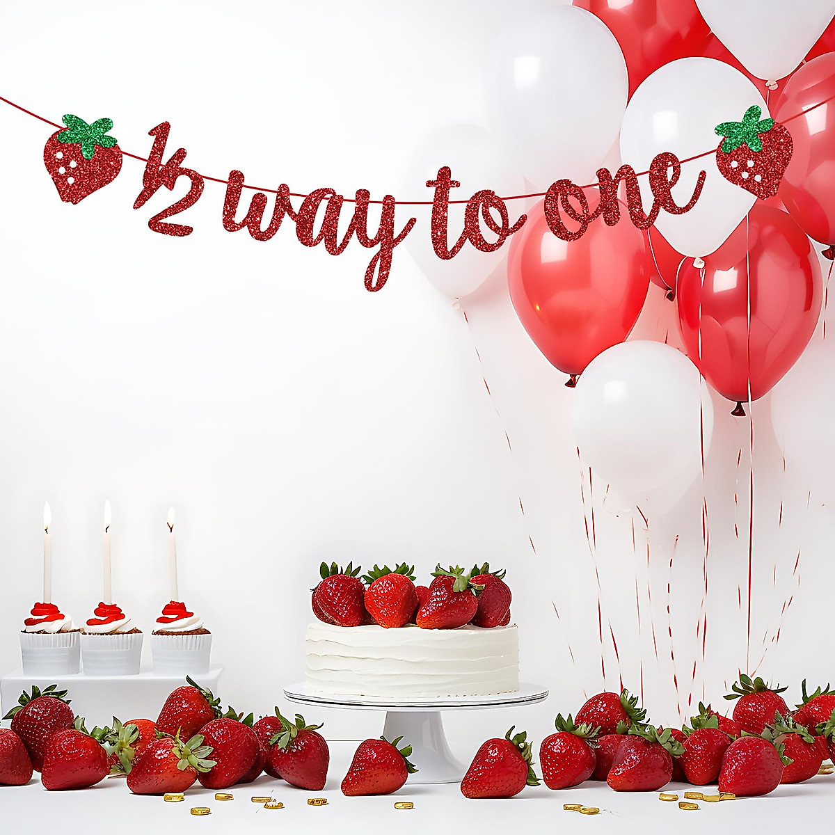 Strawberry 1/2 Way to One Banner, 6 Months Birthday Decorations, Berry Sweet Half Birthday, Strawberry Baby Shower Half Birthday Party Decorations, Red Glitter