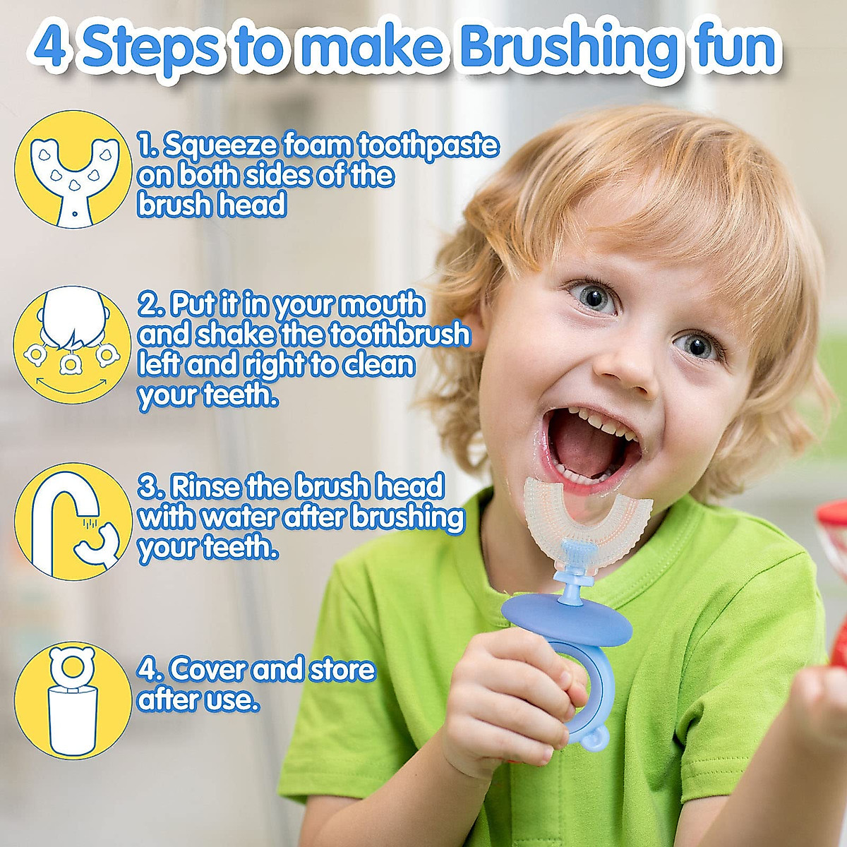 COLOROUND 2 Pack Kids U Shaped Toothbrush for Toddlers Age 2-6, Silicone Baby Toothbrush with Storage Cup, Baby Manual Training Toothbrush 360° Oral Teeth Care for Children