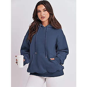 ANRABESS Women's Oversized Hoodies Long Sleeve Fleece Sweatshirts Solid Casual Hooded Pullover Kangaroo Pockets Loose Lightweight Fall Tops Y2K Clothes A1072dianlan-S Navy Blue