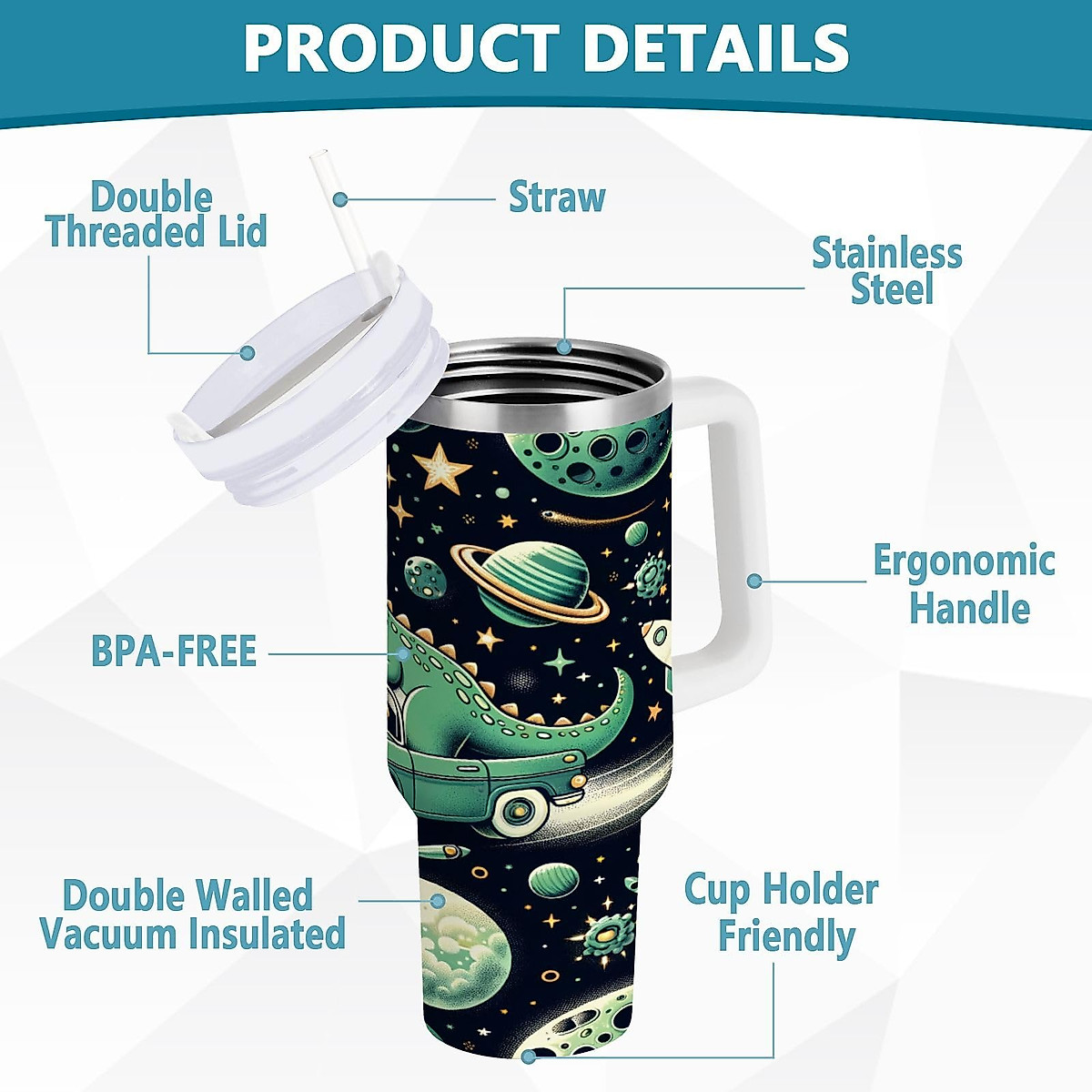 Jihqo Space Dinosaurs Green 40 oz Stainless Steel Vacuum Insulated Tumbler with Handle and Straw Lid, Leakproof Water Bottle Double Wall Travel Mug Coffee Cup, Cupholder Friendly