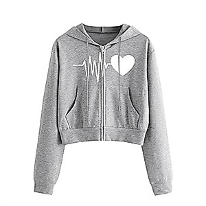 Wabtum Hoodies for Teen Girls,Womens Casual Heartbeat Print Long Sleeve Zipper Pocket Shirt Cat Hooded Sweatshirt Tops