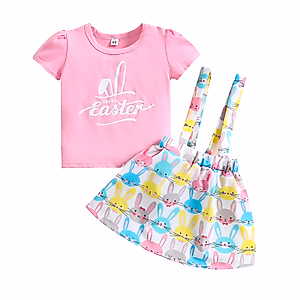Toddler Baby Girl Easter Outfit Ruffle Short Sleeve T-Shirt Top Bunny Print Suspender Skirt 2Pcs Clothes Set (Pink, 3-4T)