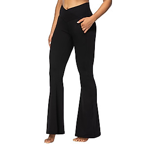 Sunzel Flare Leggings for Women with Pockets, Crossover Yoga Pants with Tummy Control, High Waisted and Wide Leg 32" Midnight Medium