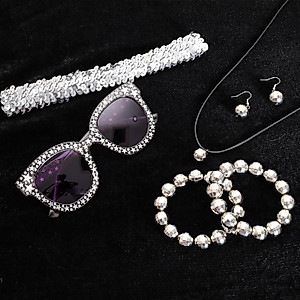 Heliltd 6pcs 1970s Disco Ball Accessories Women Set for Women 70s Disco Ball Necklace Earrings 70s Disco Ball Bracelet Sunglasses Silver
