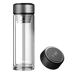 WEEILYAM, Borosilicate Glass Bottle with Silver Cap LED Temperature (Celsius) Display Smart Thermo Bottle 300ML (10 FL Oz), Double Insultation Tap to Display Temperature Smart Bottle