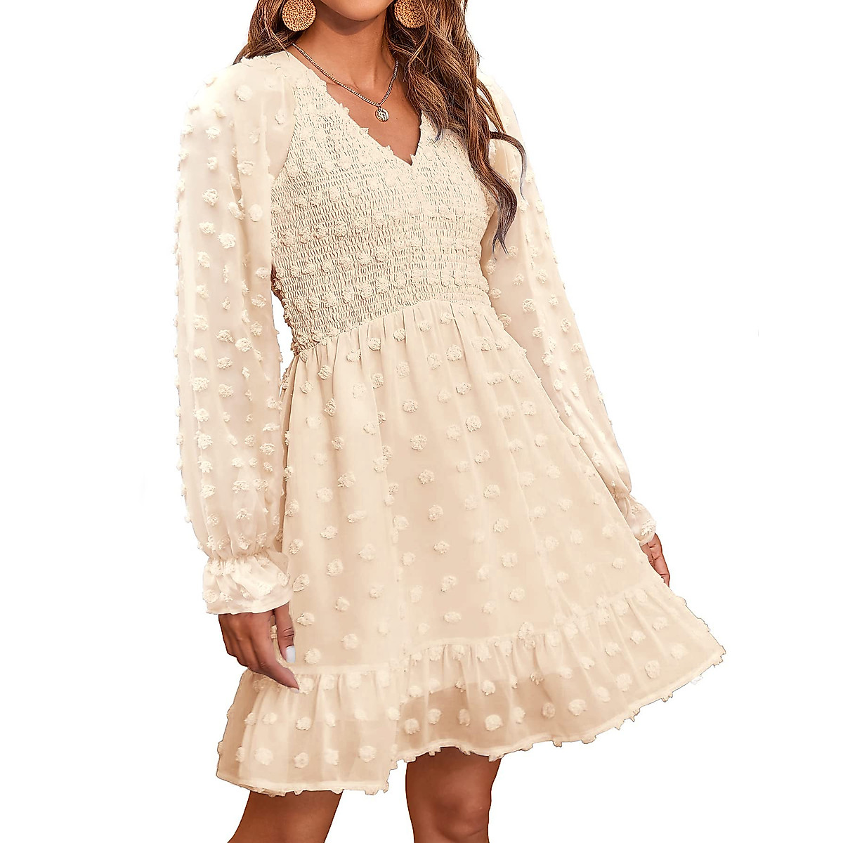 BTFBM Women V Neck Smocked Short Dress Long Sleeve Flowy Casual SwissDot Ruffle Mini Babydoll Spring Summer Dresses 2024(Solid Apricot, XX-Large)