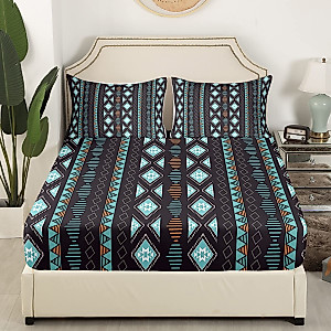 Bohemian Fitted Sheet Boho Aztec Striped Sheet Set for Teens Boys,Tribe Geometry Triangle Bed Sheets Mexican Bed Cover Exotic Nordic Southwestern Decor Full,Black