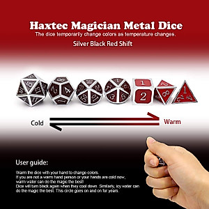 Haxtec Temperature Metal DND Dice Set Color Changing Polyhedral D&D Dice Set for RPG Dungeons and Dragons-Silver Black Red Shift