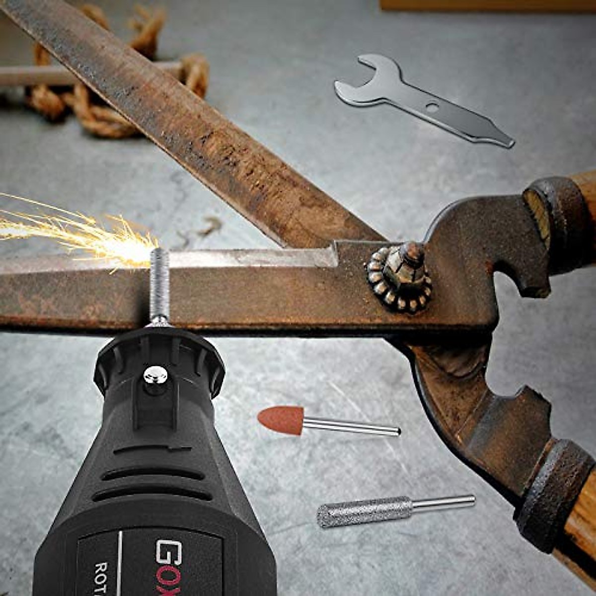Chainsaw Sharpener Kit - GOXAWEE 140W Power Chain Saw Sharpen Tool Set, Electric Blade Sharpening File Comes with 6pcs Diamond Sharpening Wheels, Angle Guide Attachment for Lumberjack & Garden Worker
