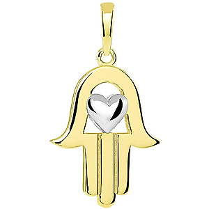 Jewelry America 14k Yellow Gold Two-Tone Hamsa Hand of Fatima with Heart Pendant
