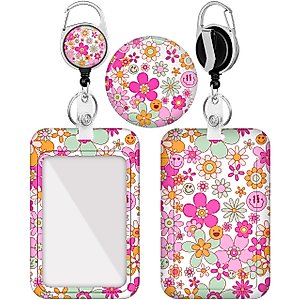 Plifal Badge Holder with Retractable Reel,Boho Y2K Flowers Smile Face ID Name Tag Work Badge Clip Heavy Duty Vertical Card Protector Cover Case for Work Nurse Medical Student Teacher Women Gift