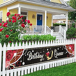 Meltelot Large Red Rose Gold High Heels Happy Banner Red Rose Pearl Shining Lady Queen Women Birthday Party Decorations for Girl Princess 1st Birthday Party Yard Banner for Outdoor Indoor (9.8x1.6ft)