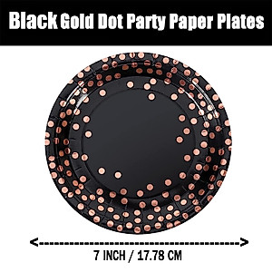 LDFDRT 50 Pack Disposable Party Paper Plates,7 inch Black and Rose Gold Plates,Golden Dots Plates,Metallic Foil Polka Plates for Graduation, Birthday, Weedings,Christmas
